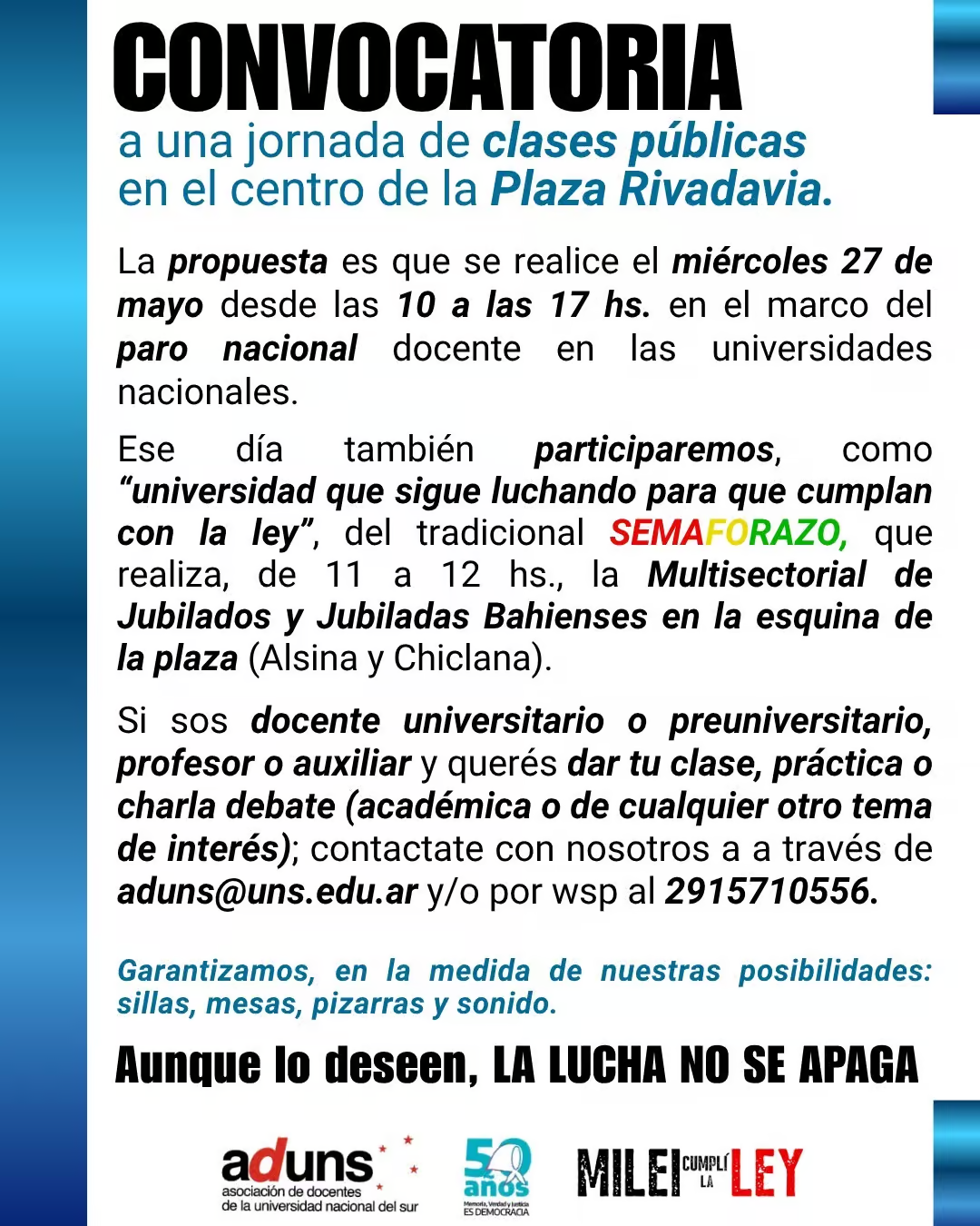 Este miércoles 27 se dictarán clases públicas en la Plaza Rivadavia ...